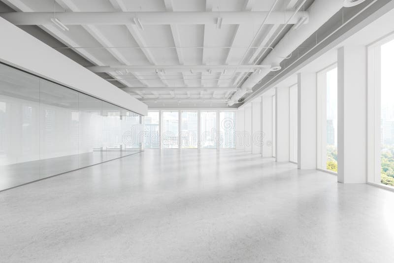 White Empty Office Interior with Workspace and Glass Room, Panoramic ...