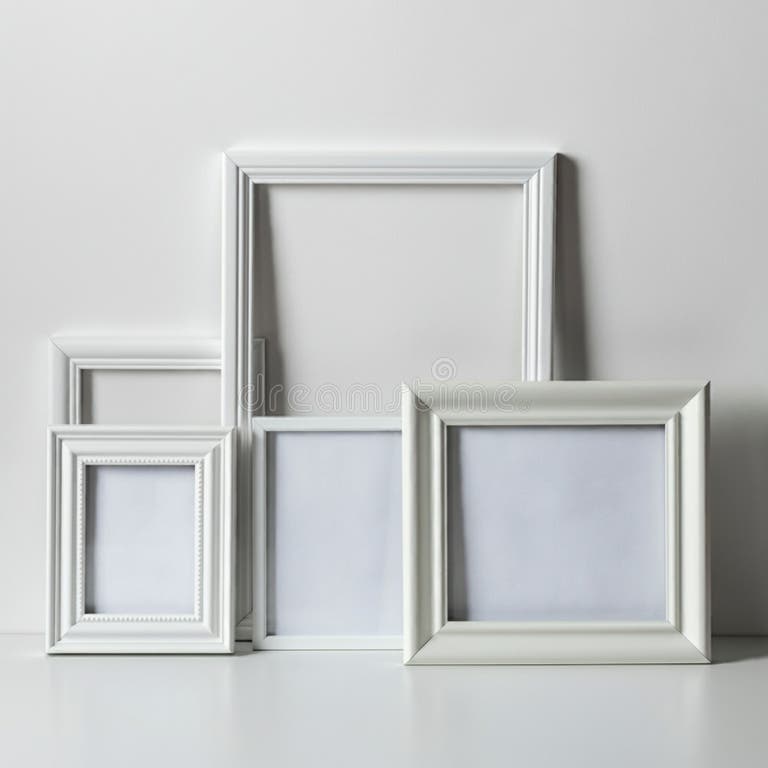 White, Empty Picture Frames of Various Sizes Stand Against a Neutral ...