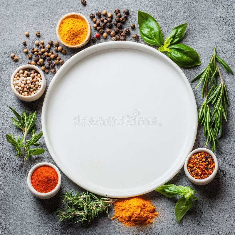 White Empty Plate Mock Up Surrounded by Various Spices and Herbs ...