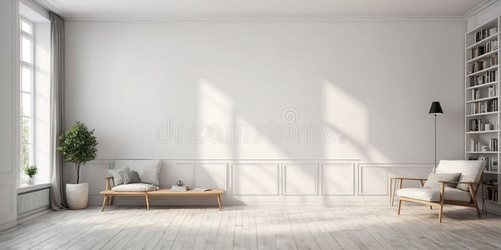 White Empty Reading Room Interior with Copy Space on the Wall. Stock ...
