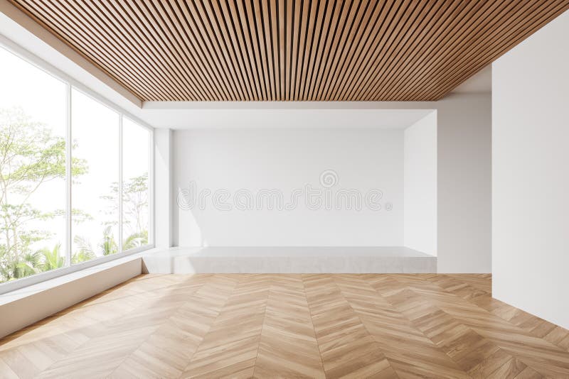 White Empty Room Interior in Studio Flat, Panoramic Window on Tropics ...