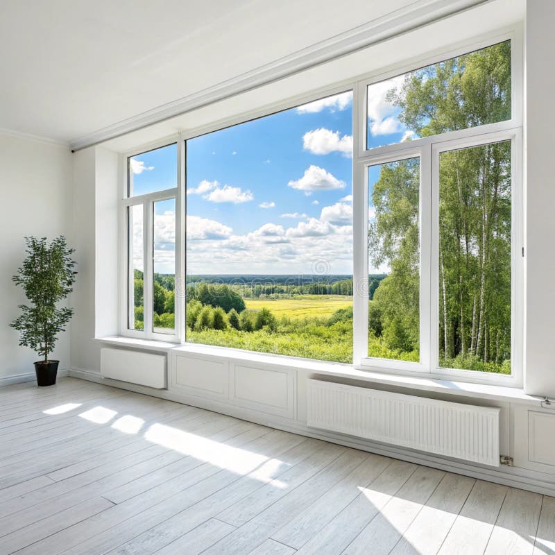 White Empty Room with Summer Landscape in Window Stock Photo - Image of ...