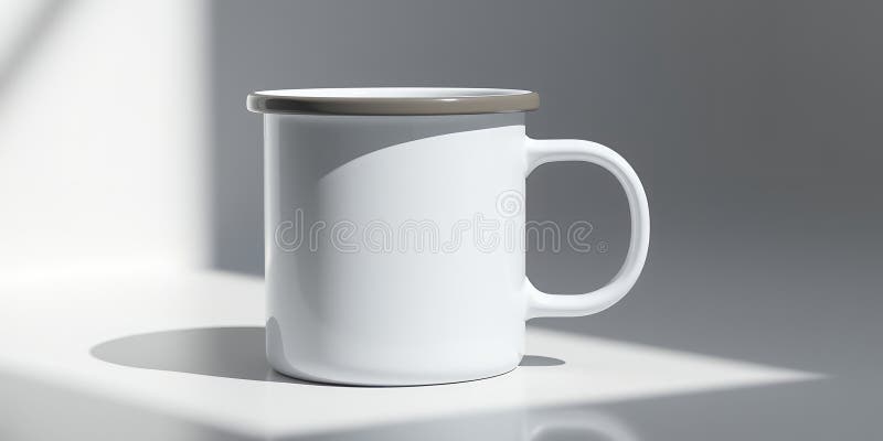 A White Enamel Mug with a Gray Rim Sitting on a White Surface with ...