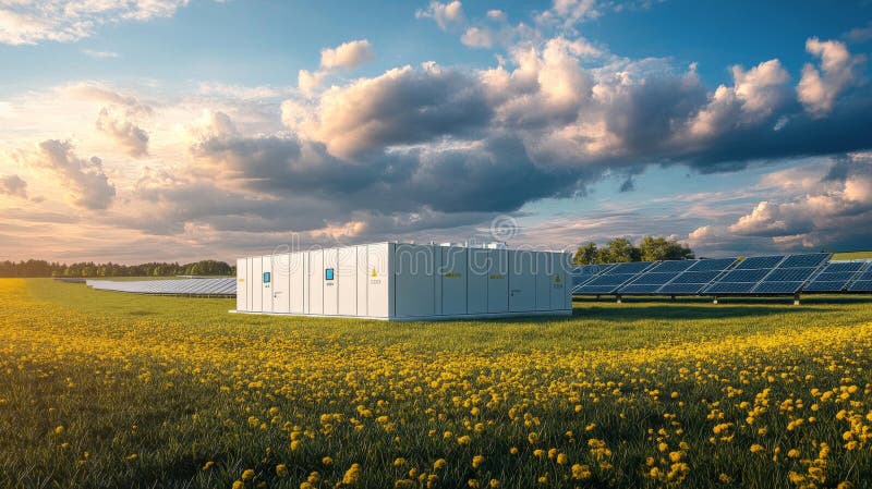 White Energy Storage Unit in a Yellow Flower Field Under a Cloudy Sky ...
