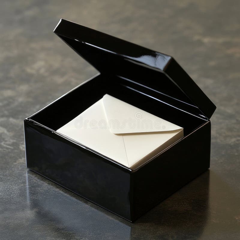White Envelope in Black Box on Reflective Surface Stock Photo - Image ...