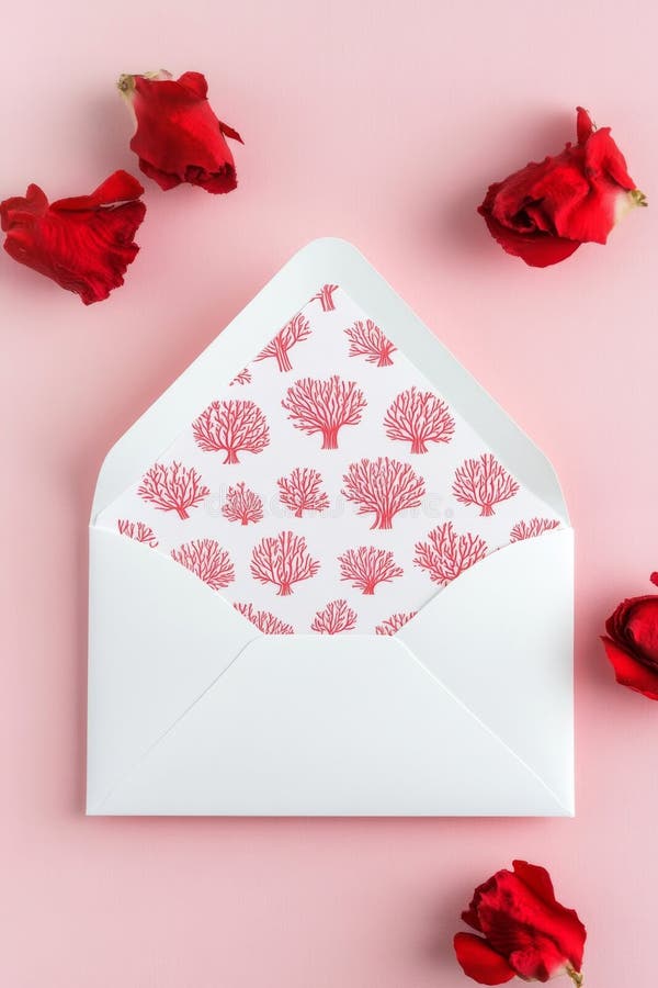 White Envelope with Red Coral Pattern and Rose Petals on Pink ...