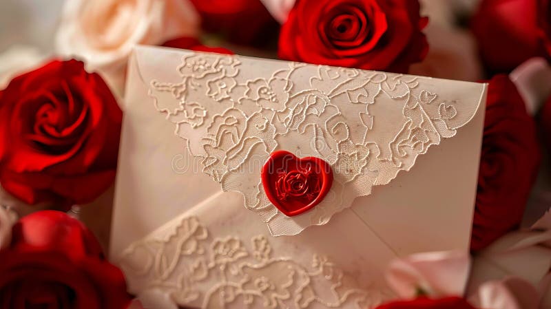 A White Envelope with Red Roses and a Heart Stock Image - Image of ...