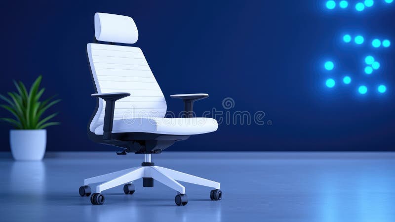 White Ergonomic Office Chair on a Sleek Floor with Blue Lighting Stock ...