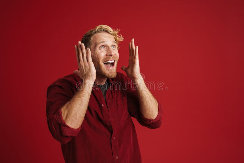 White Excited Man Expressing Surprise while Gesturing Stock Photo ...