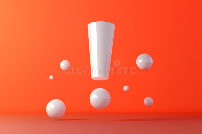 A White Exclamation Point Floats among Small White Spheres Against a ...