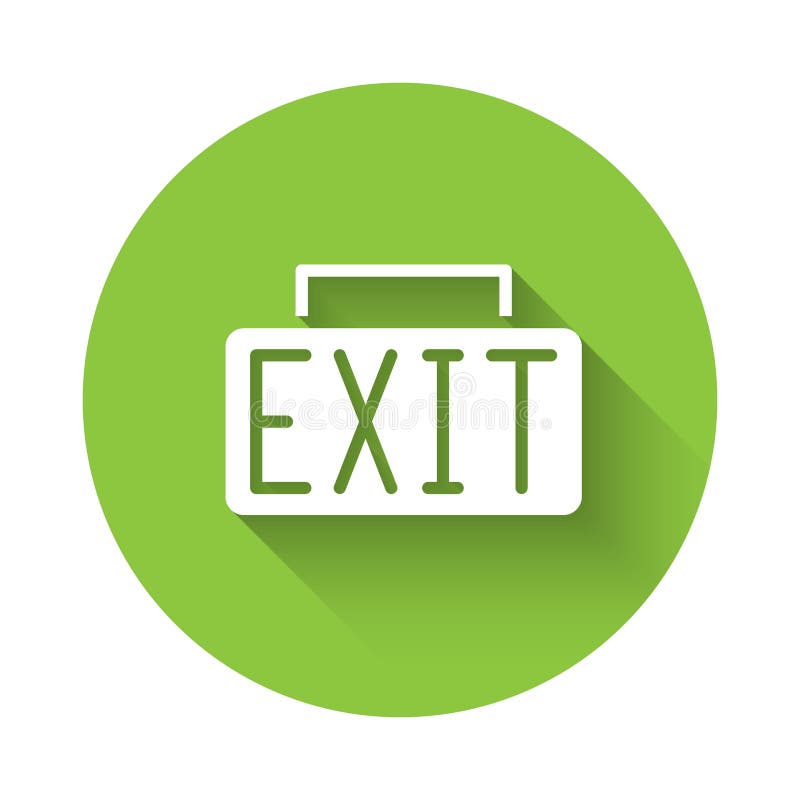 White Exit Icon Isolated with Long Shadow. Fire Emergency Icon. Green ...