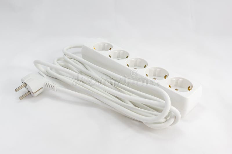 White Extension Cord 5 Sockets on White Background Stock Photo - Image ...