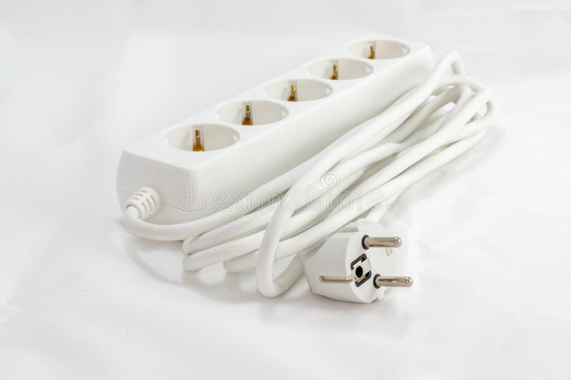 White Extension Cord 5 Sockets on White Background Stock Image - Image ...