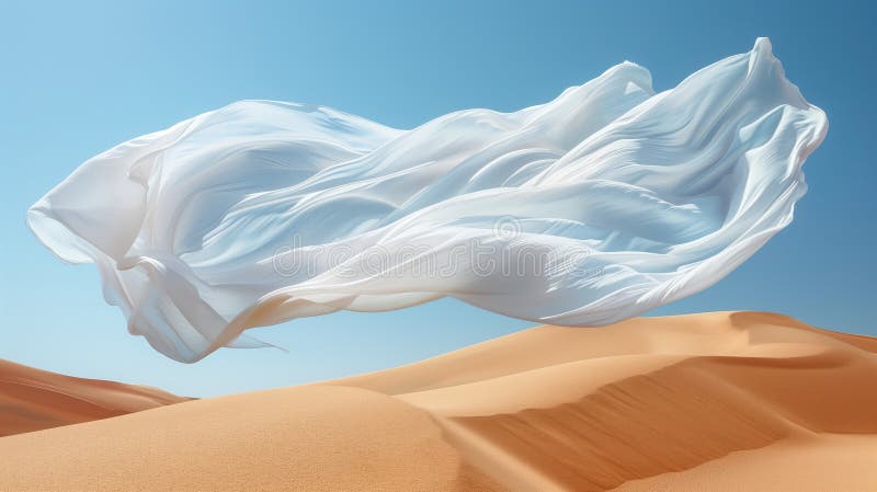 White Fabric Flying in the Wind in the Desert. 3d Rendering Stock ...