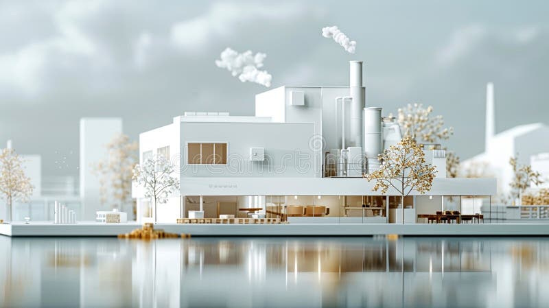 White Factory Building with Trees and Water Stock Illustration ...