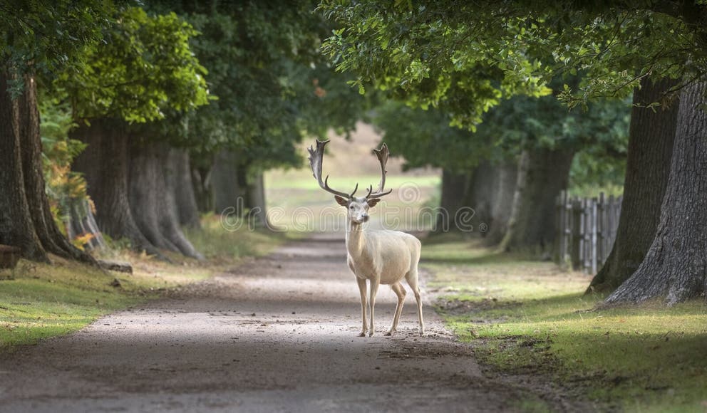 White Fallow Buck in an Avenue of Trees Stock Photo - Image of animal ...