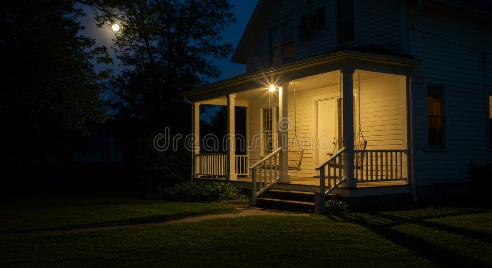 White Farmhouse at Night with Moonlight Stock Image - Image of outdoor ...