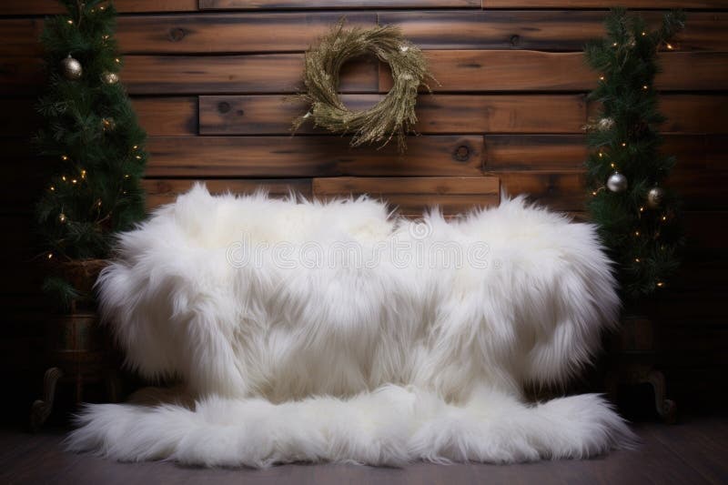 A White Feather Boa As a Faux Fur Rug in Front of a Pine Backdrop Stock ...