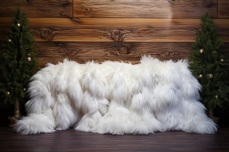 A White Feather Boa As a Faux Fur Rug in Front of a Pine Backdrop Stock ...