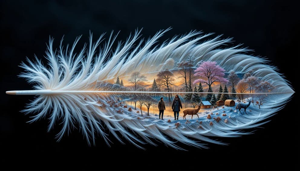 A White Feather with Delicate Strands Showcases a Winter Landscape ...