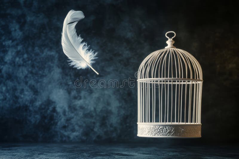 White Feather Drifts beside an Open Birdcage. Concept of Freedom and ...