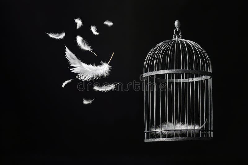 White Feather Drifts beside an Open Birdcage. Concept of Freedom and ...
