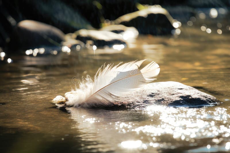 White Feather Floating Down Stream, with Sunlight Shining through Stock ...