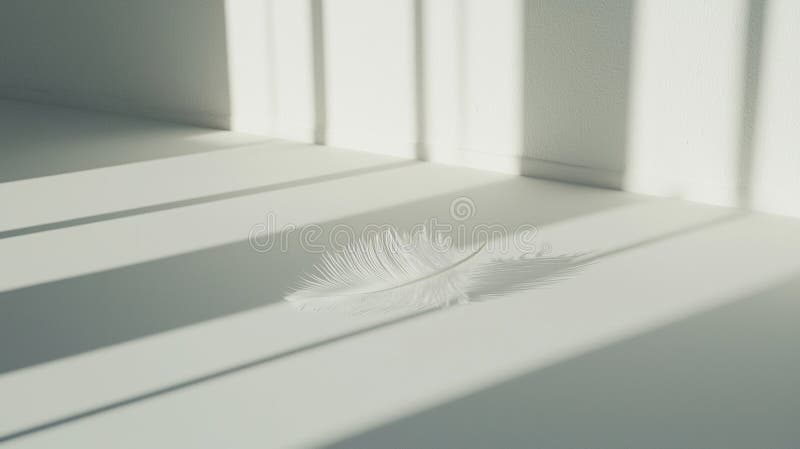 A White Feather Lies on a White Floor, Casting a Shadow on the Floor ...