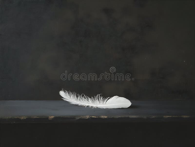 A White Feather Rests on a Dark Surface, a Soft Light Highlights a ...