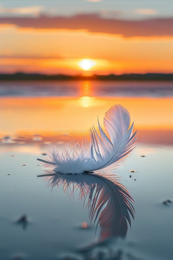 A White Feather is Sitting on the Beach at Sunset Stock Photo - Image ...