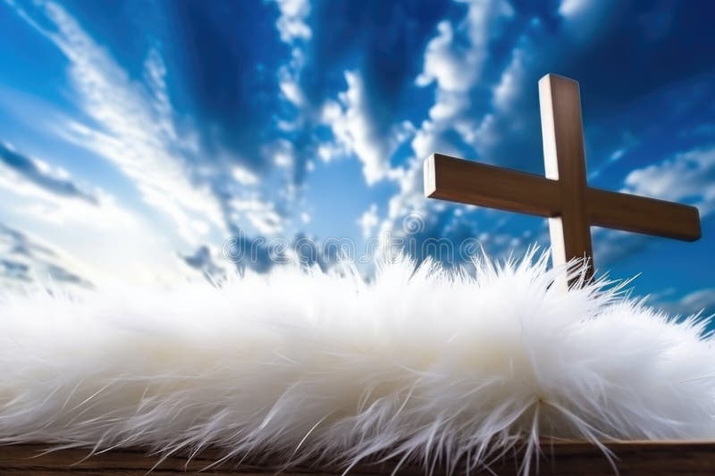 White Feather and Wooden Cross on the Backdrop of Vibrant Sky Stock ...
