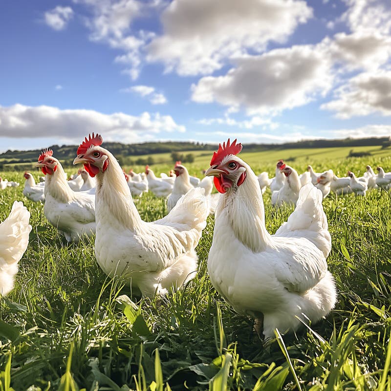 White Feathered Flock Feeding in a Lush Green Barnyard Stock Photo ...