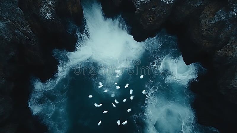 White Feathers Falling into Dark Waterfall Pool Stock Image - Image of ...