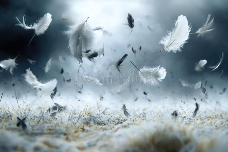 White Feathers Falling Gracefully on Snowy Ground Stock Photo - Image ...
