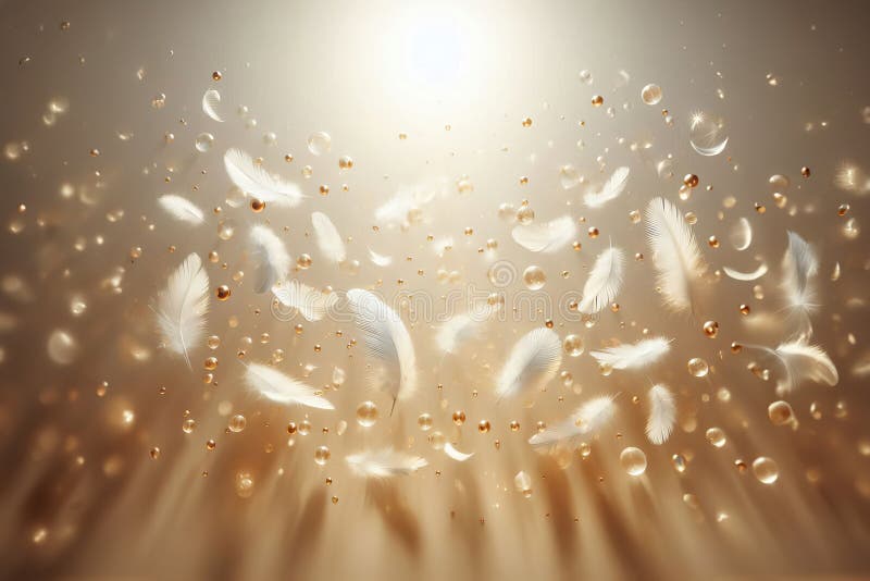 White Feathers Falling Gracefully on a Soft Golden Background, with ...
