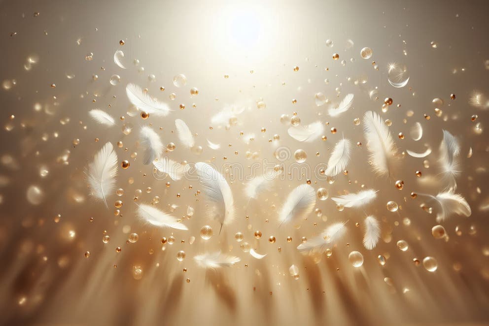 White Feathers Falling Gracefully on a Soft Golden Background, with ...