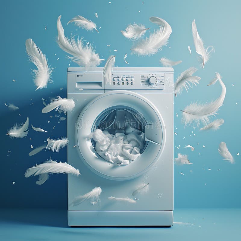 White Feathers Flying Out of a Front-Loading Washing Machine Stock ...