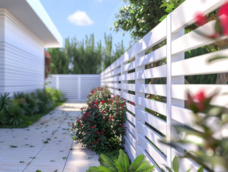 White Fence Adds Visual Interest Stock Image - Image of plant, pavement ...
