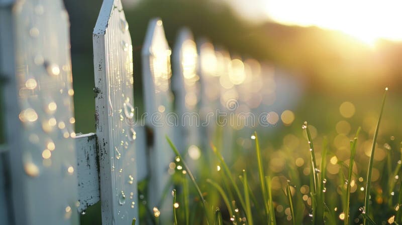 A White Fence with a Sun Shining on it Stock Image - Image of lawn ...