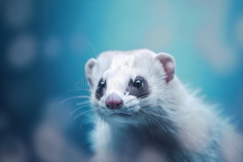 A White Ferret with a Blue Background and a Blurry Image of the Ferret ...