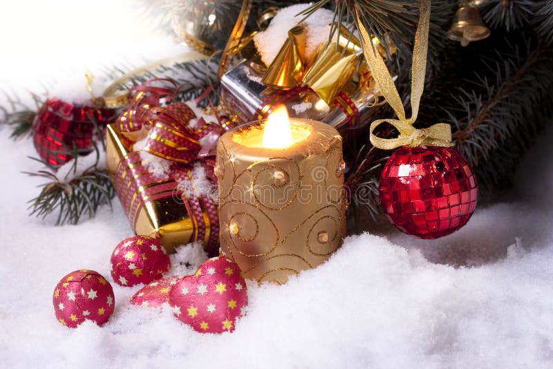 White Festive Gold Candle and Gifts Stock Photo - Image of beautiful ...
