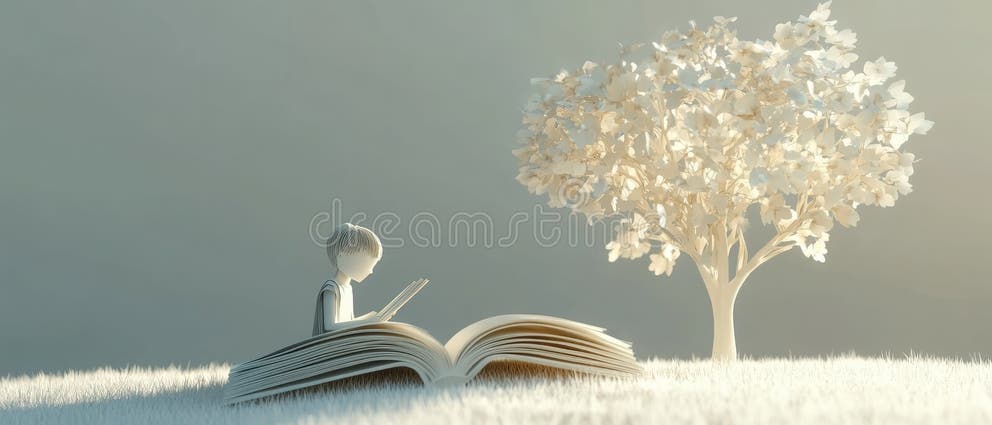 A White Figure Reading a Book in a Field with a Tree Stock Illustration ...