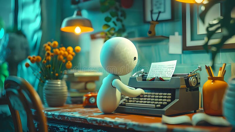 White Figure Typing on Vintage Typewriter in Cozy Night Room Stock ...