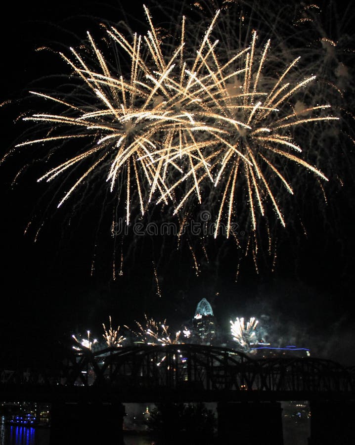 White Fireworks Over the Cincinnati Skyline Stock Photo - Image of ...