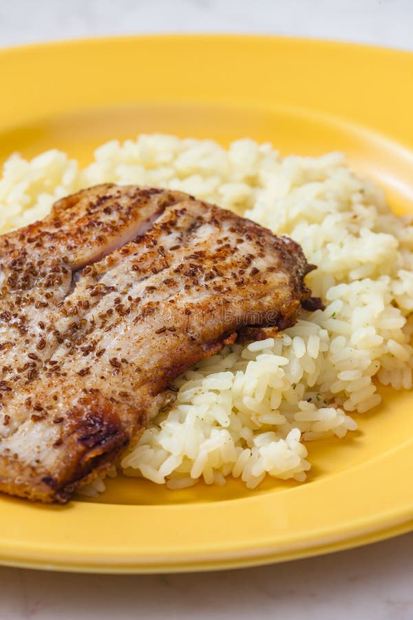 White Fish on Cumin Served with Rice Stock Image - Image of cooked ...