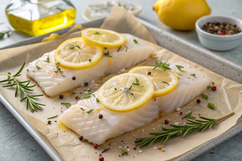White Fish Fillet (cod) on Parchment with Lemon, Olive Oil and Herbs ...