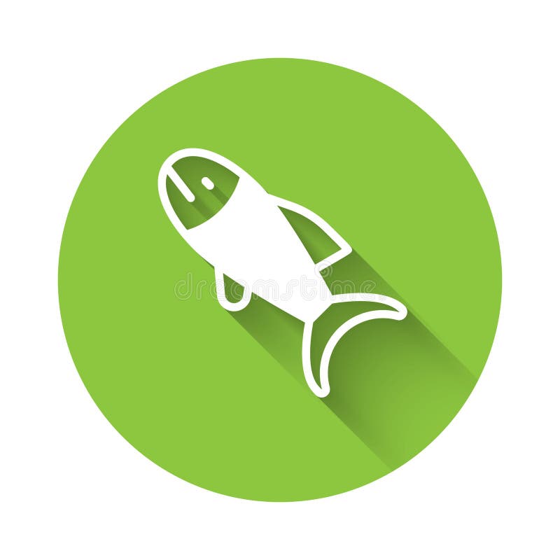 White Fish Icon Isolated with Long Shadow Background. Green Circle ...