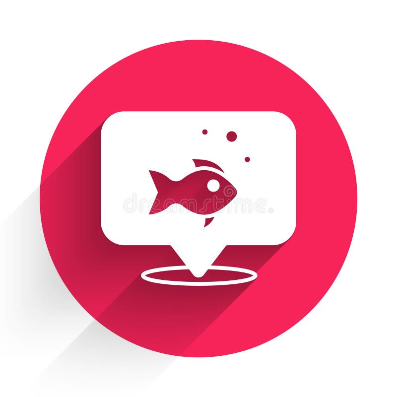 White Fish Icon Isolated with Long Shadow Background. Red Circle Button ...