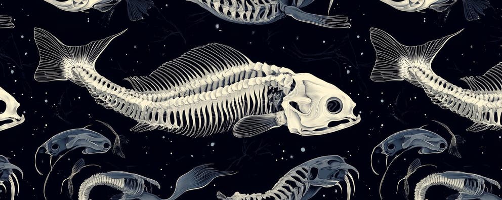 A White Fish Skeleton Pattern is Set Against a Dark Teal Background ...