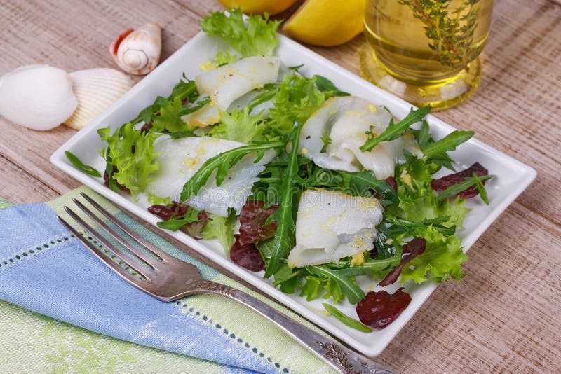 White Fish/toothfish with Salad Stock Photo - Image of plate ...